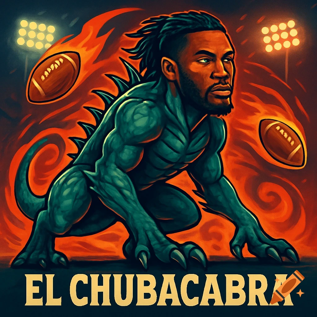 A stylized fantasy football logo features a green, reptilian creature ...