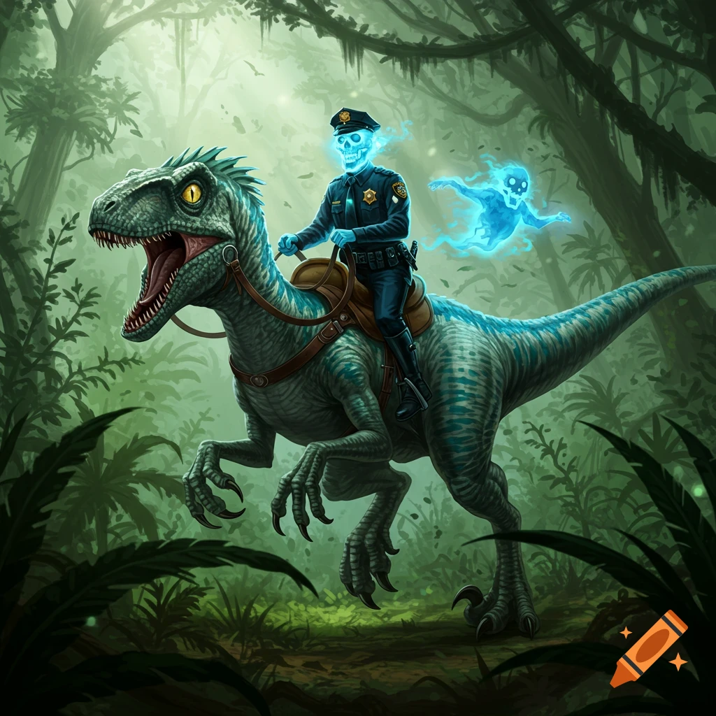 A glowing blue skeleton police officer riding a raptor through a lush ...