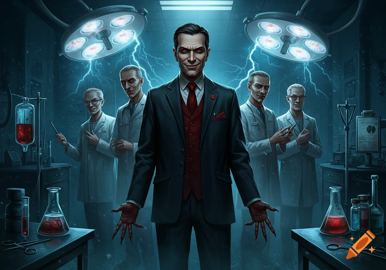 A sinister mad scientist with a creepy grin holds a test tube over a ...