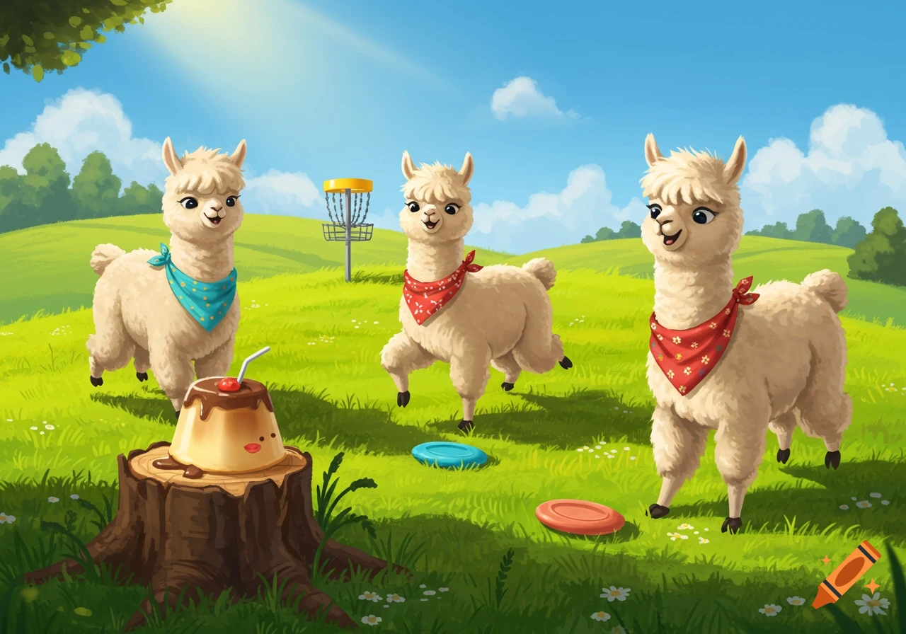 Three cute cartoon alpacas with bandanas playing disc golf in a sunny ...