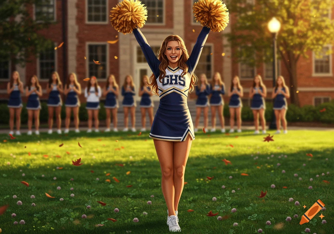 A young woman in a blue and white cheerleader uniform with a neck brace ...