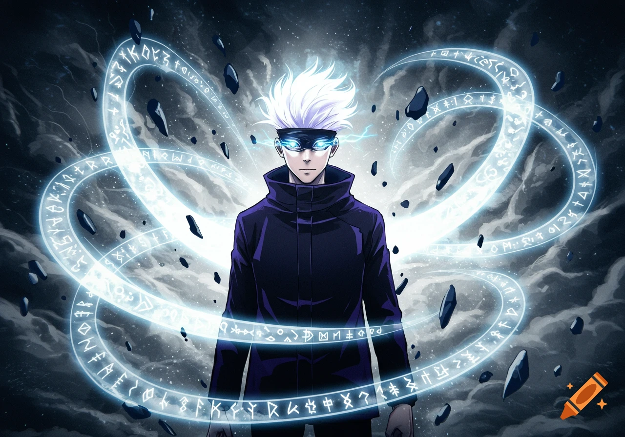 Anime man with white hair, blue eyes, fox tail, blue glowing goggles ...