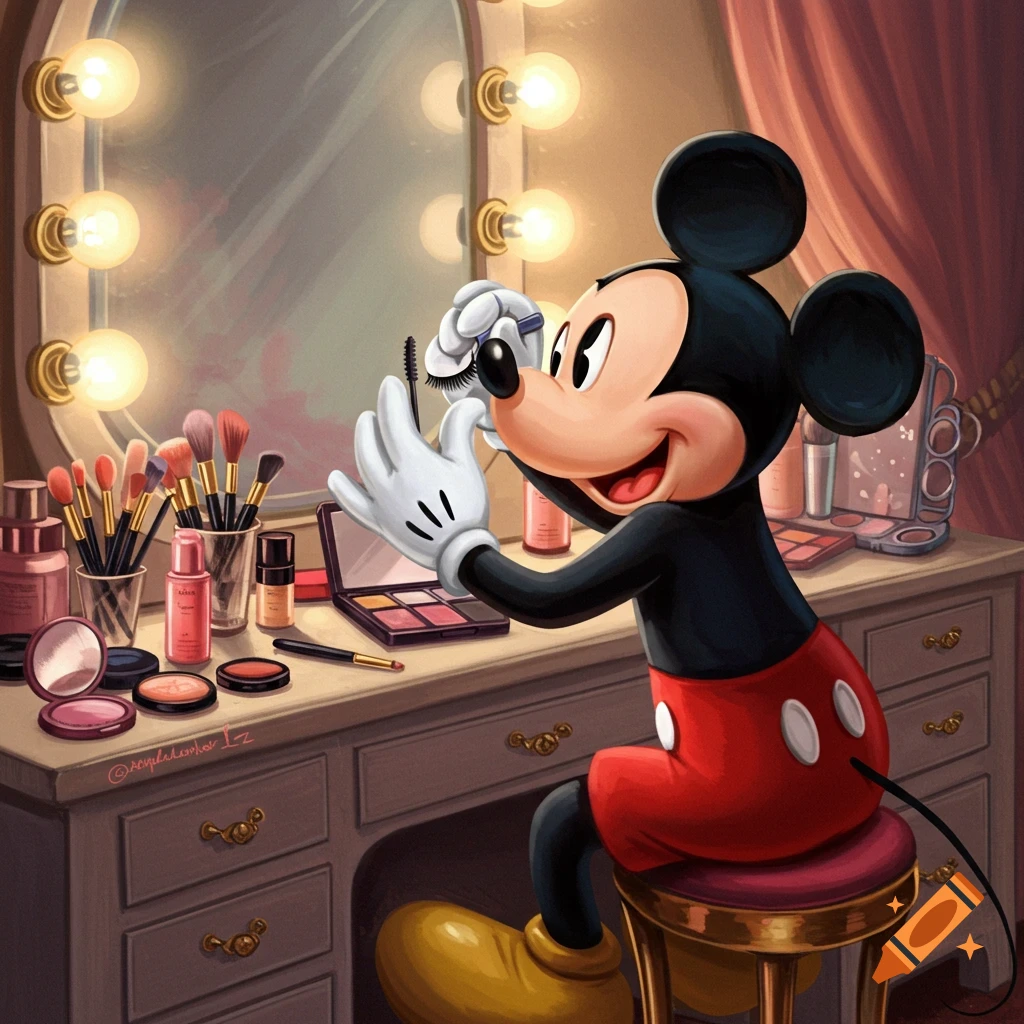 Cartoon Mickey Mouse applies false eyelashes while sitting at a lighted ...