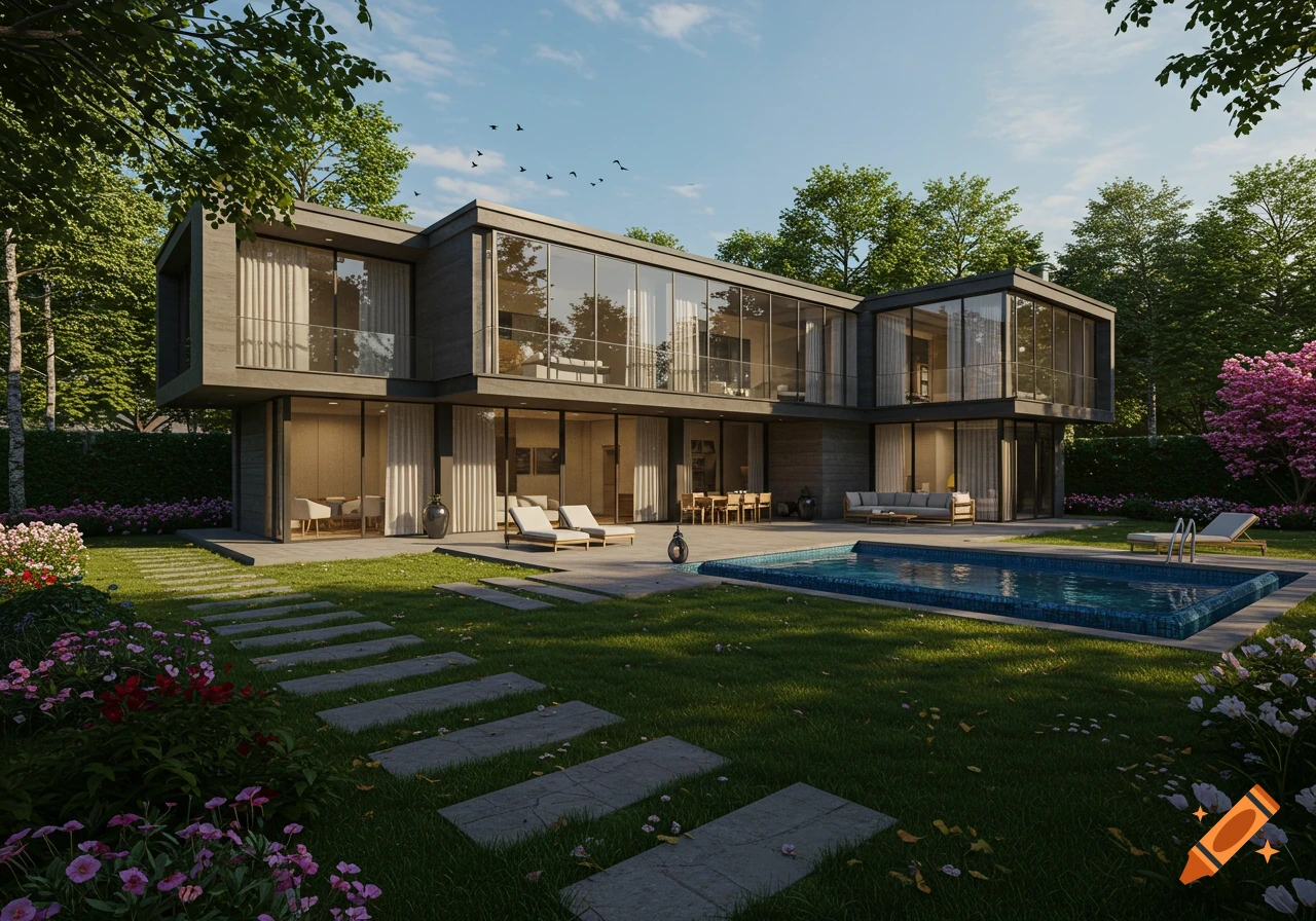 A photorealistic render of a modern multi-level house built into a ...