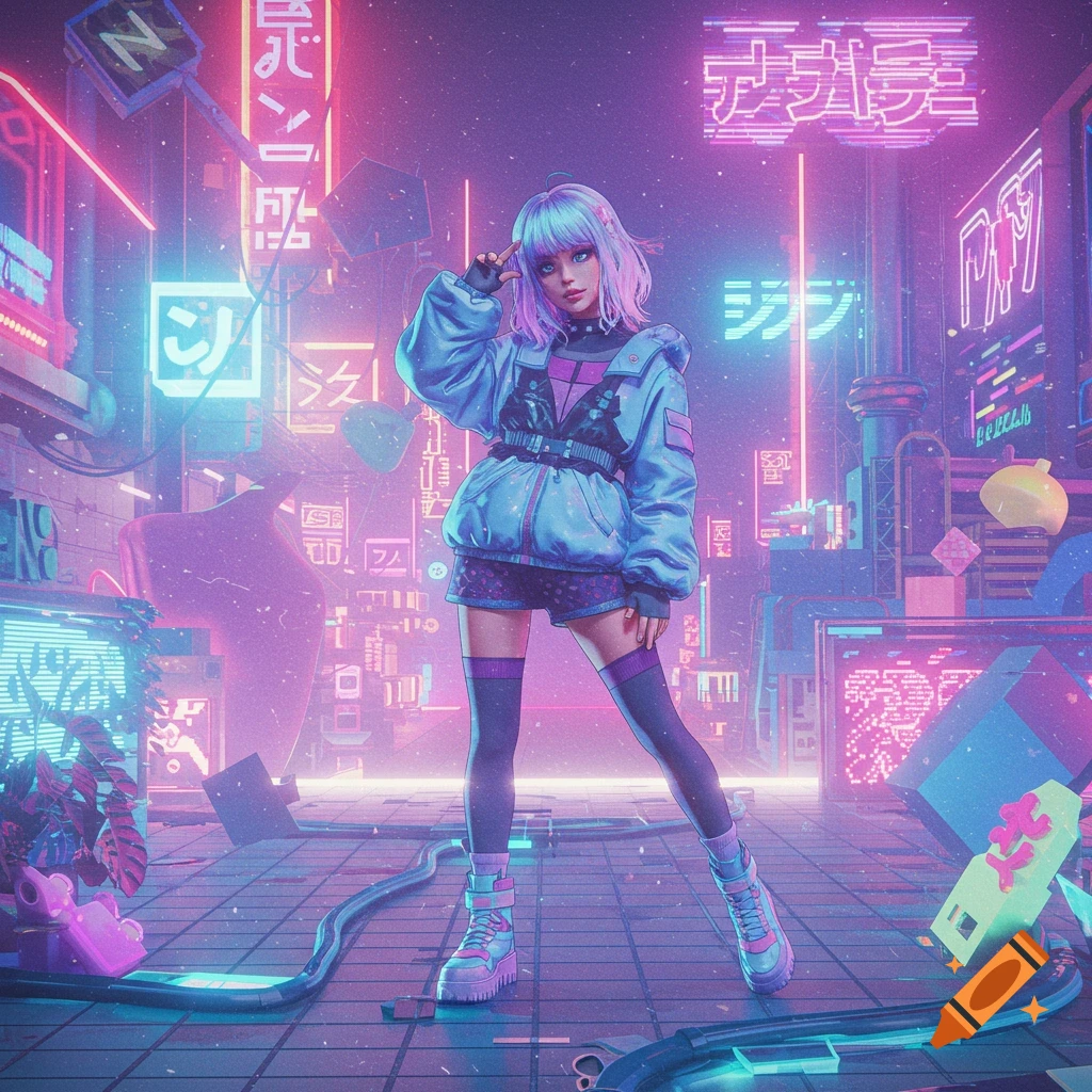 An anime girl with pink hair and a vibrant outfit stands in a neon-lit ...