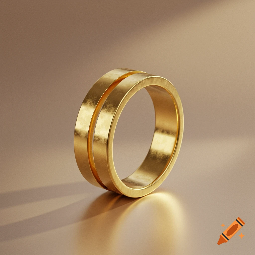 A photorealistic golden ring with a central groove sits on a reflective warm-toned surface. on ...