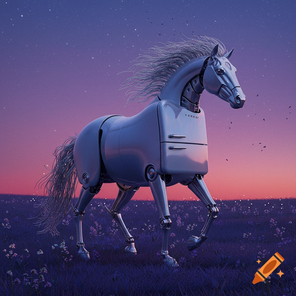 A giant blue horse statue with glowing red eyes rears up in front of a ...