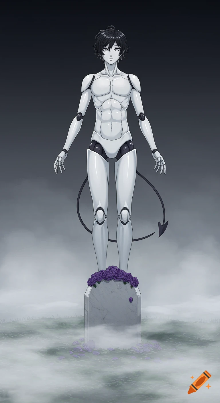 A cool-toned cartoon character with light hair, sharp eyes with black ...