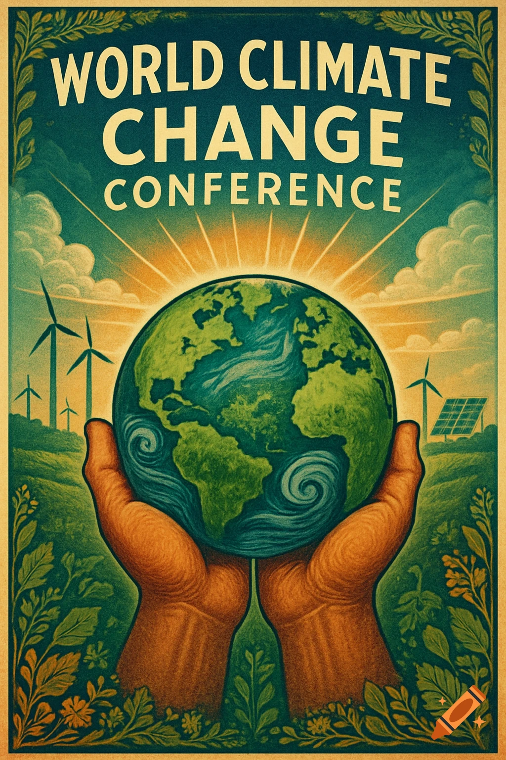 An artistic poster of hands holding a globe, with 'WORLD CLIMATE CHANGE ...