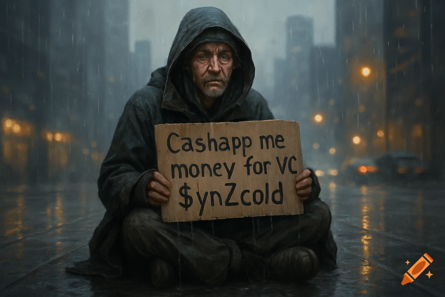 A person stands on a rainy city street at night, facing a glowing neon ...