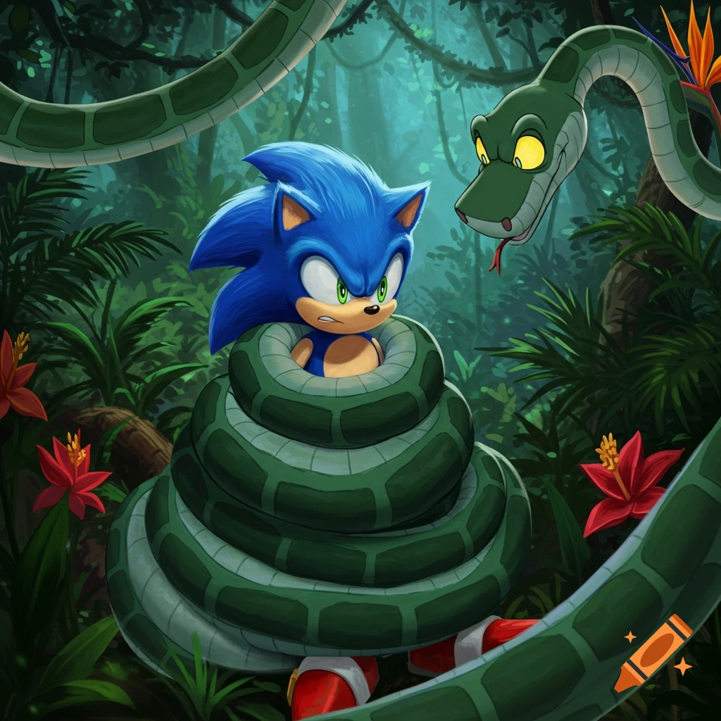 Amy Rose and Cream the Rabbit wrapped in a snake's coils in a jungle ...