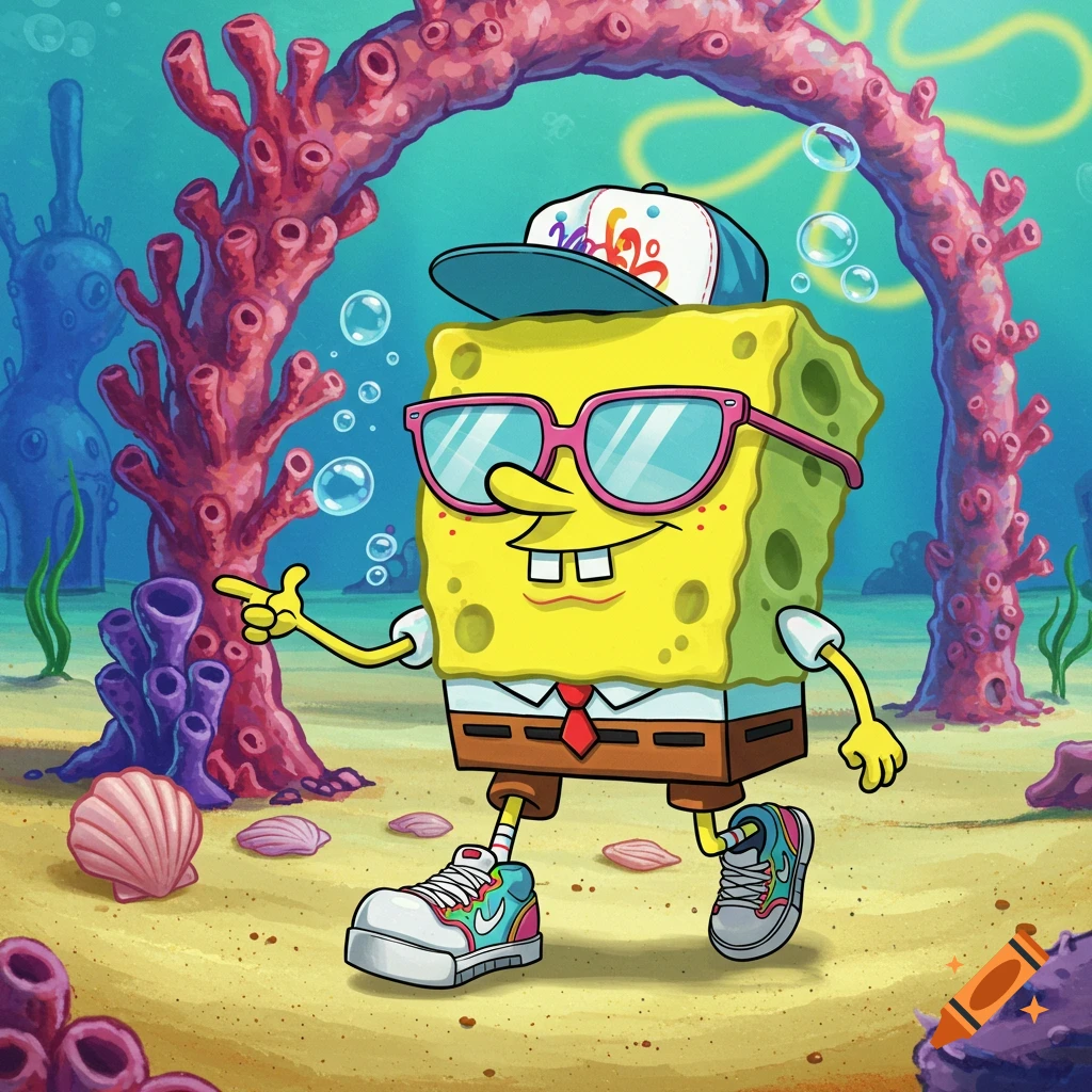 Spongebob Squarepants wearing pink sunglasses, a backward baseball cap ...