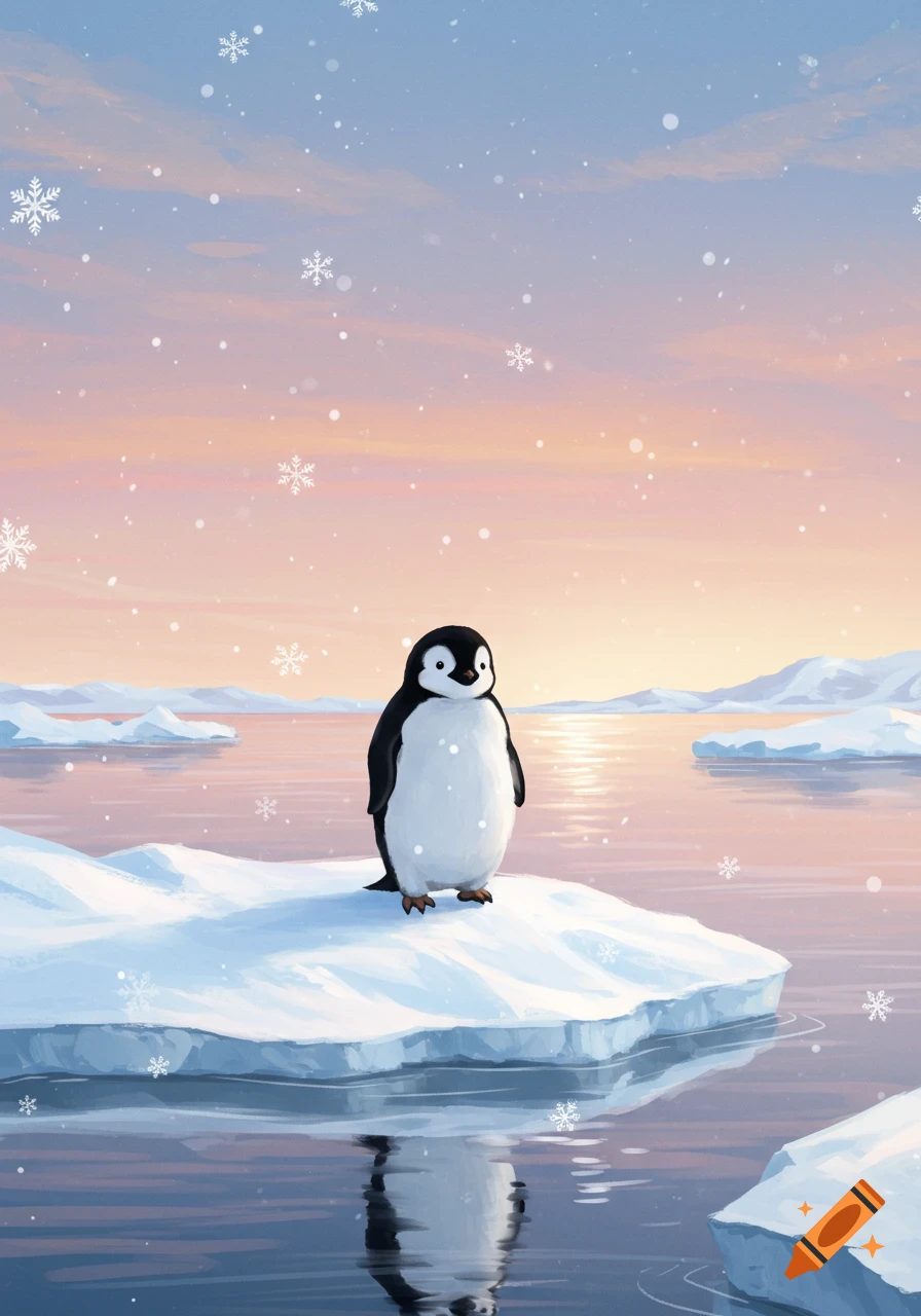 A cartoon penguin wearing a plaid scarf plays bagpipes on a snowy cliff ...