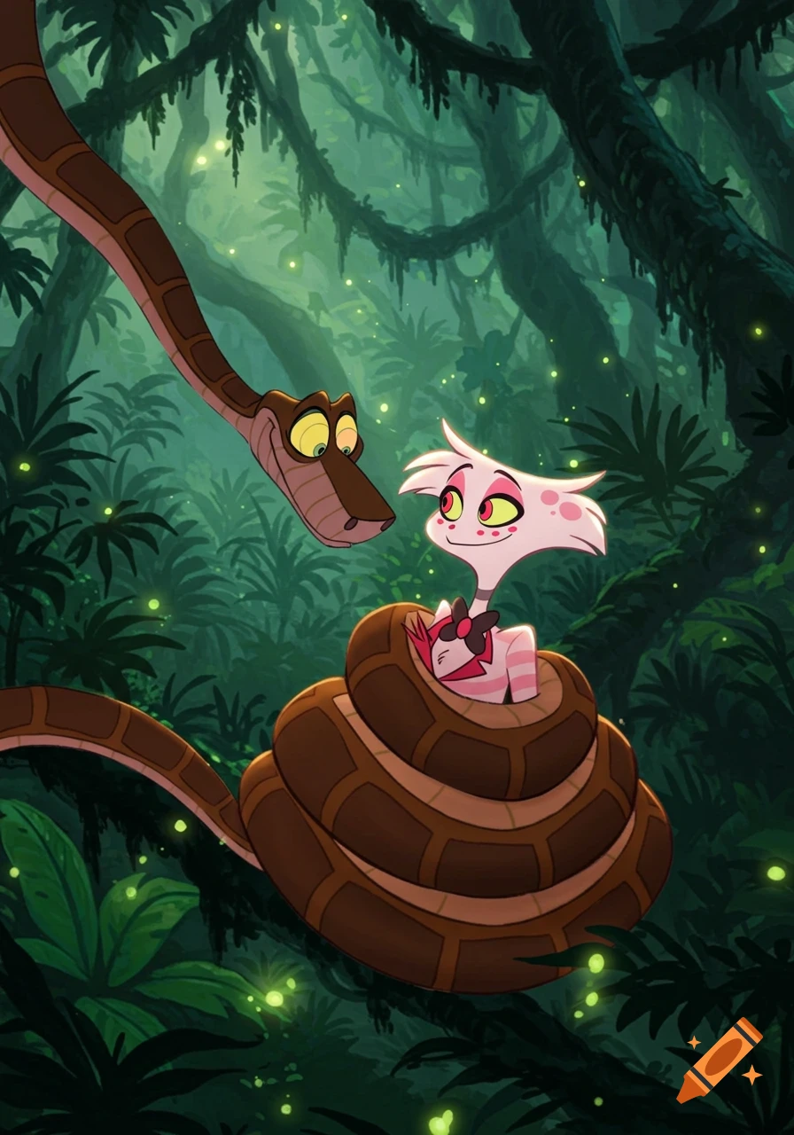 Cartoon Kaa the snake coiling around Angel Dust in a lush rainforest ...