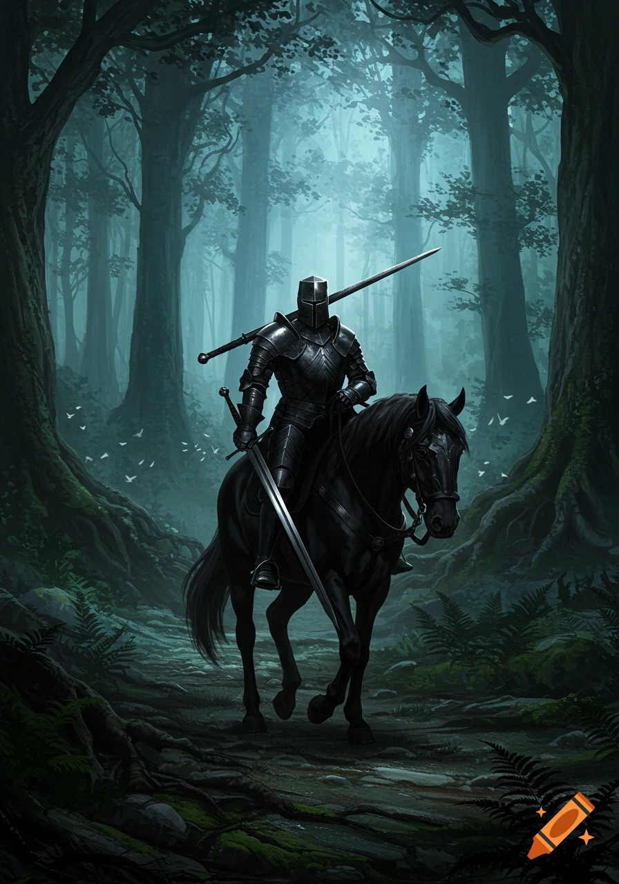A fantasy warrior in armor rides a black horse through a mystical ...