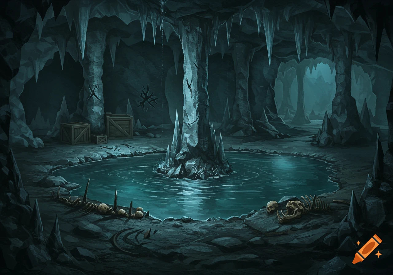 A scary cartoon bear trap with sharp teeth in a spooky, icy forest ...