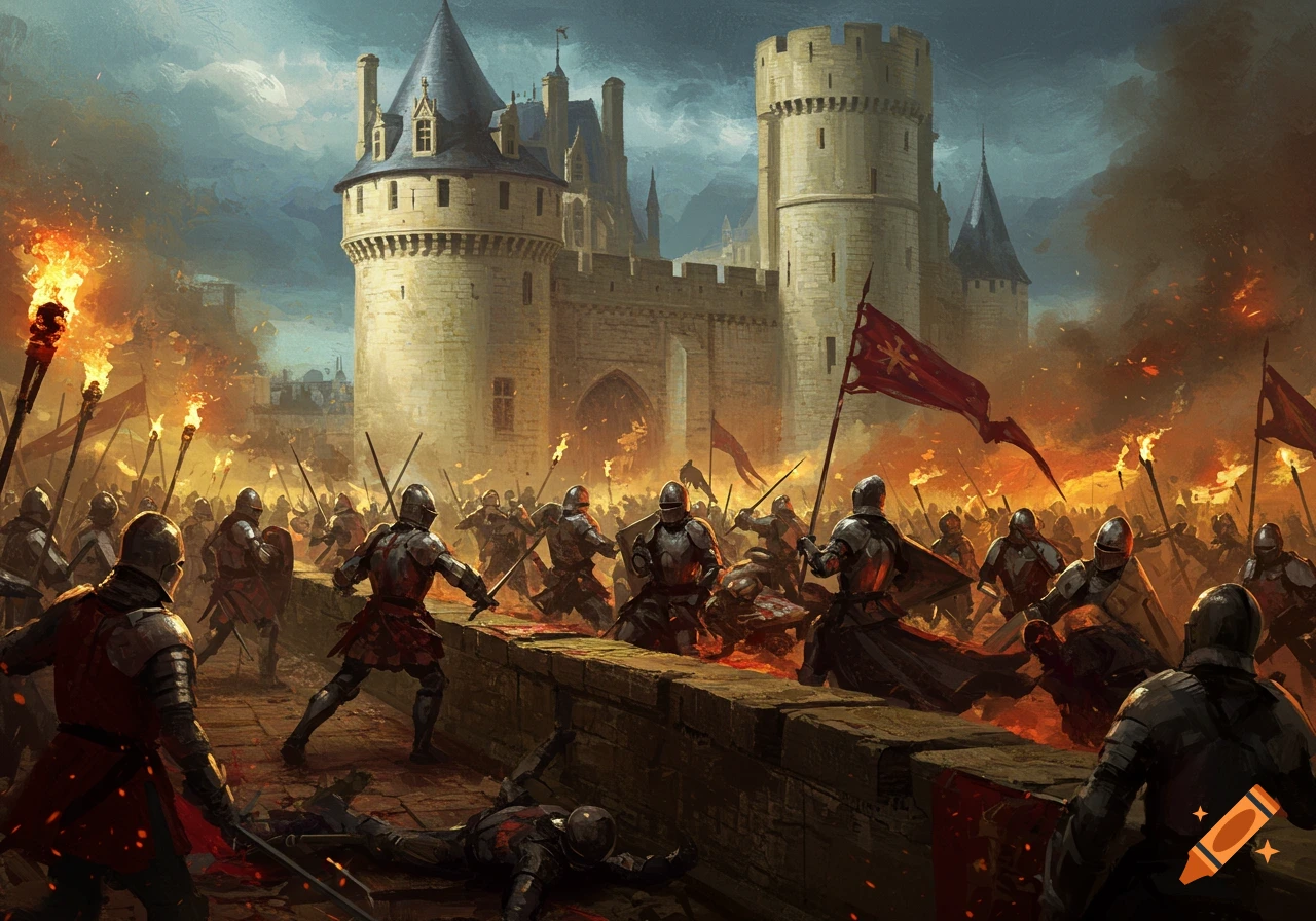 A chaotic medieval battle scene in an oil painting style, with knights fighting in front of a ...