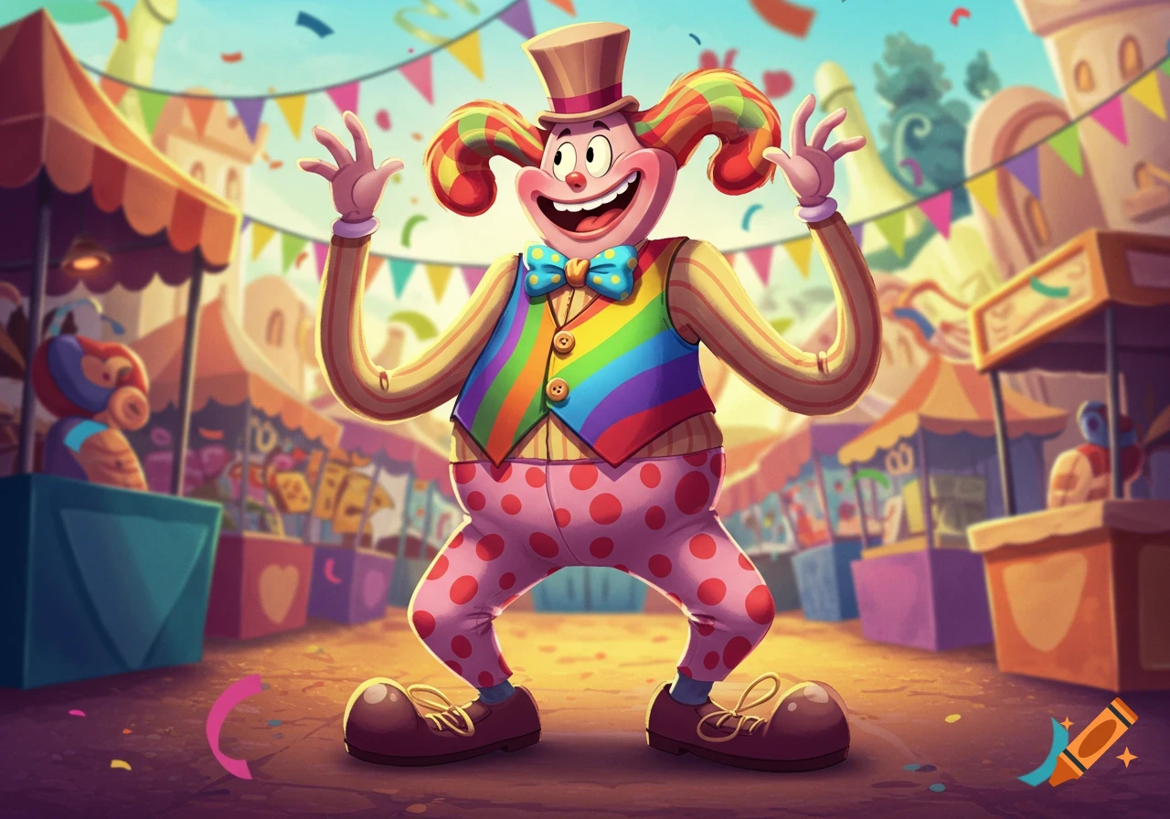 A colorful cartoon clown-like man and a girl in striped clothes hug on ...