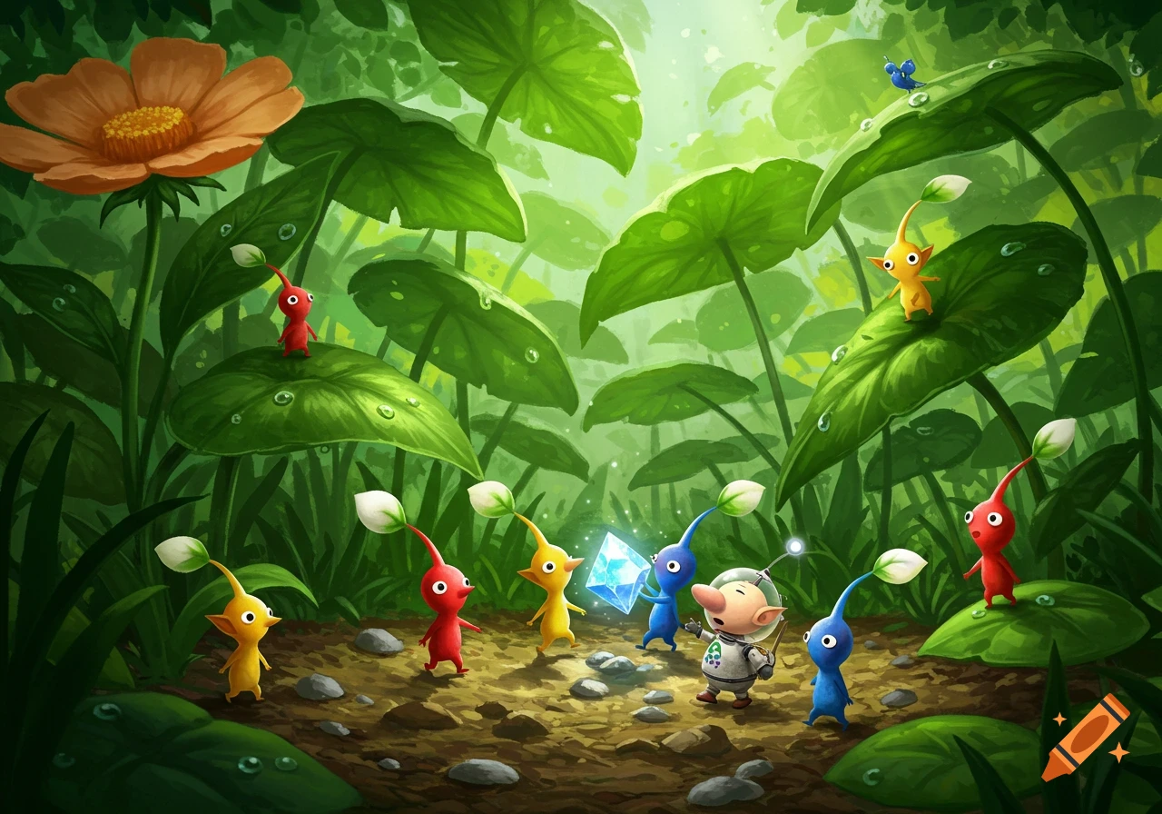 A vibrant illustration of many colorful Pikmin and a white and blue ...