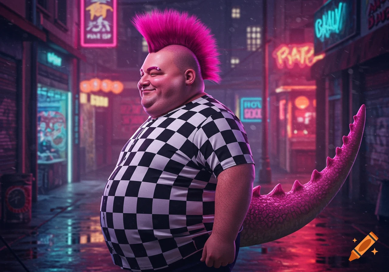 An overweight man with a pink mohawk, checkered shirt, and pink ...