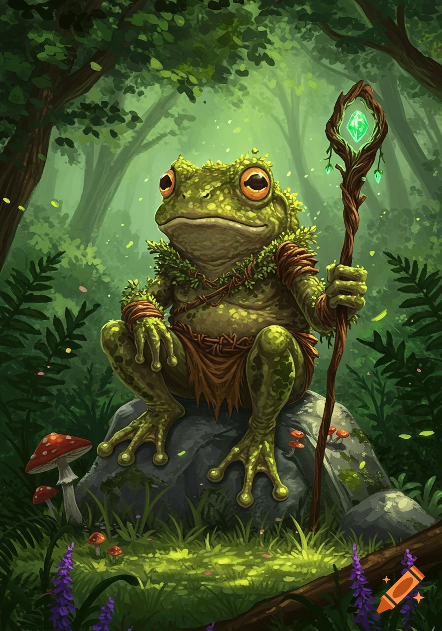 A green and blue frog-like fantasy creature with red eyes and sharp ...