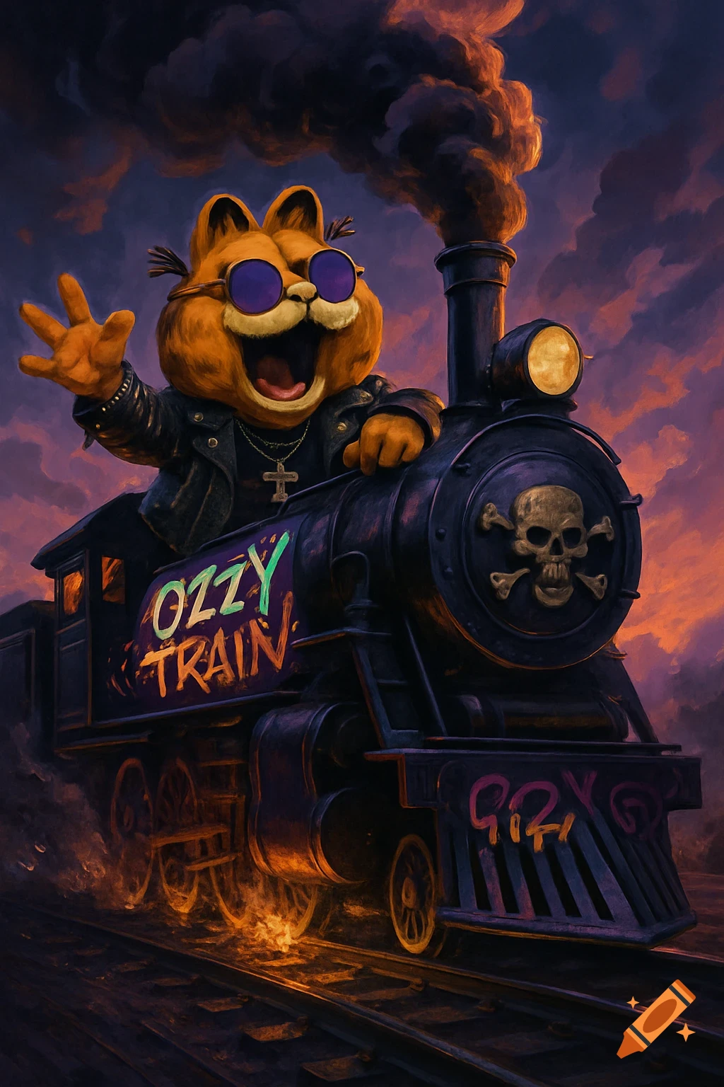 Garfield the cat, dressed in a black leather jacket and sunglasses like ...