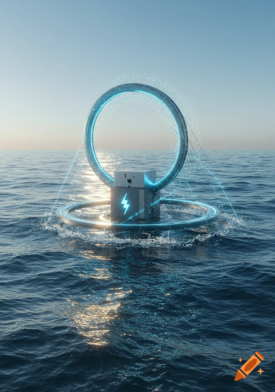 A futuristic device with glowing blue rings and a central box featuring a lightning bolt symbol ...