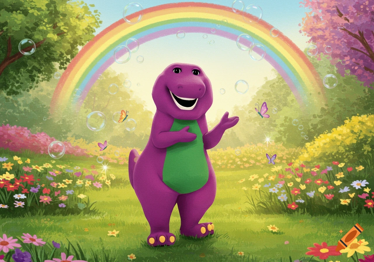 Cartoon purple dinosaur Barney stands in a sunny field of sunflowers ...