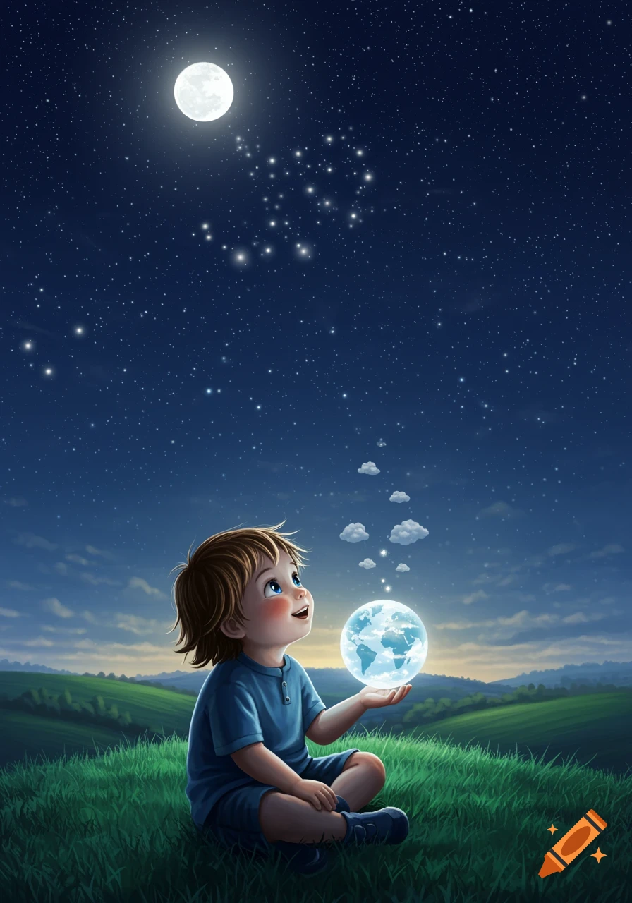 The Little Prince and his fox fish from a tiny planet, surrounded by ...