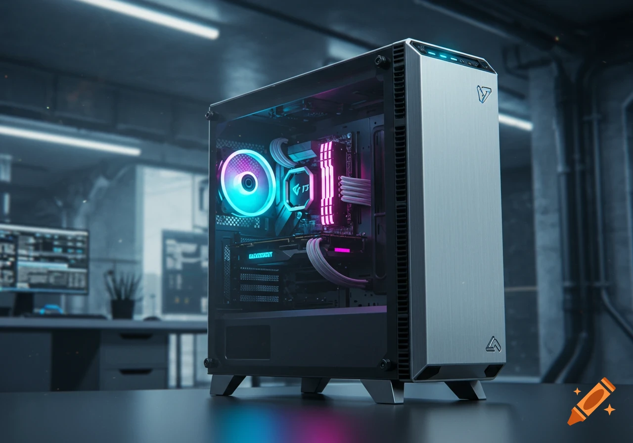 A sleek purple and black Xbox console sits on a reflective surface ...