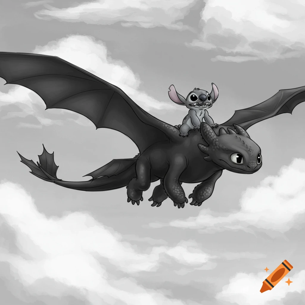 A black and white cartoon drawing of Stitch riding Toothless the dragon ...