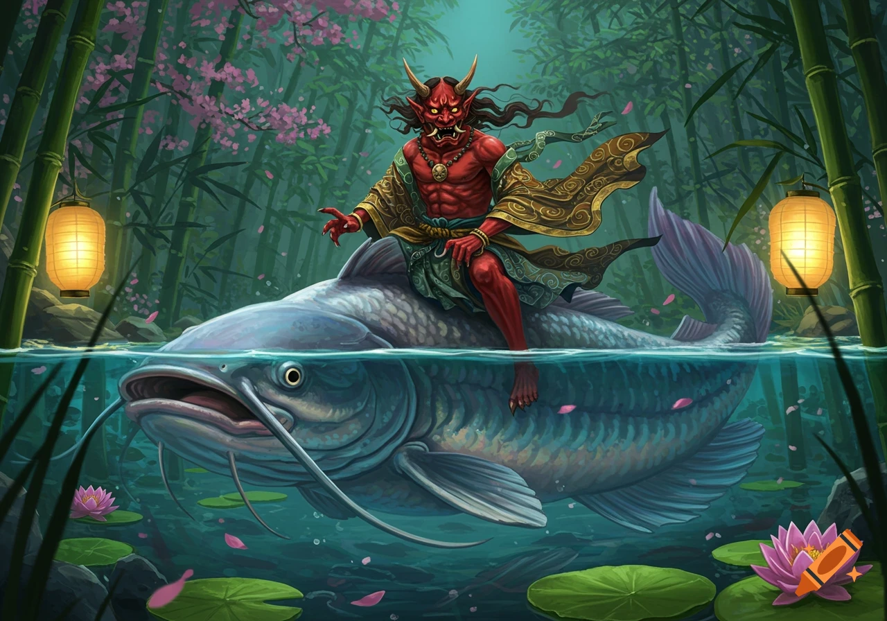 A red-skinned Japanese Oni with horns rides a large catfish in a serene ...