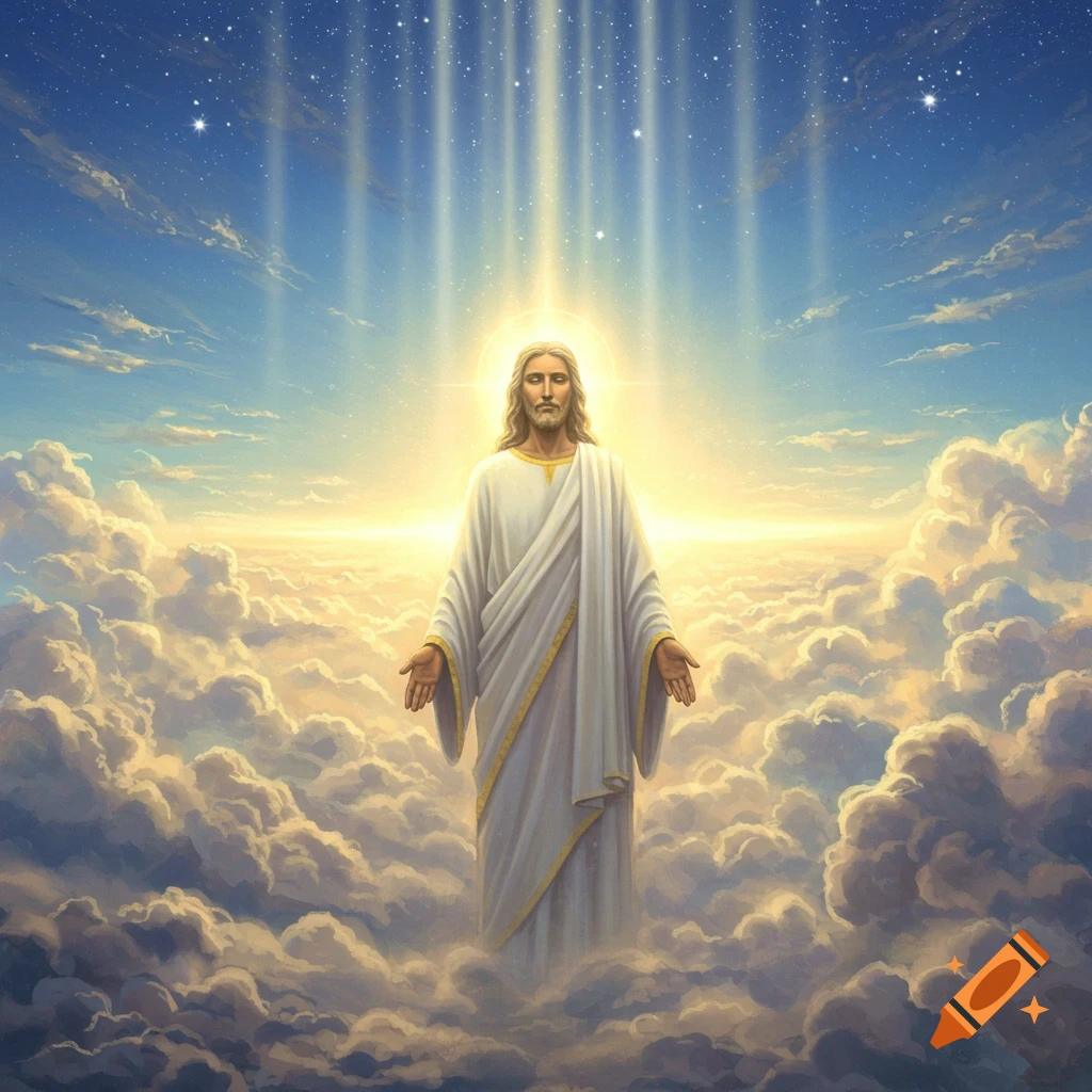 Jesus in a red robe stands with a raised hand amidst classical white ...