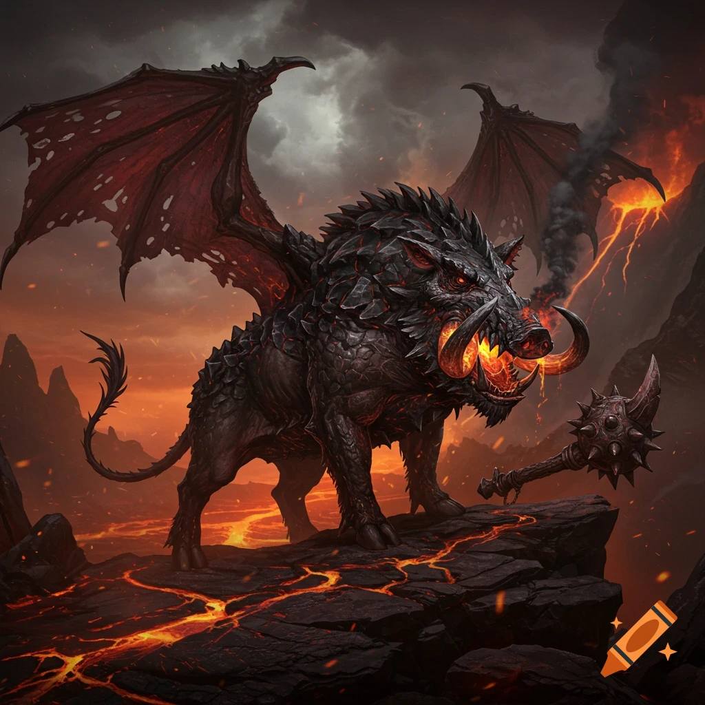 A dark, fiery kaiju with glowing eyes and an open mouth breathing fire ...