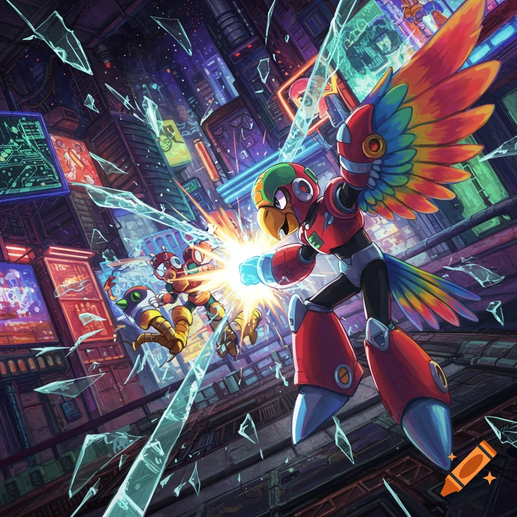 A blue robot character in an 80s NES video game style stands ...