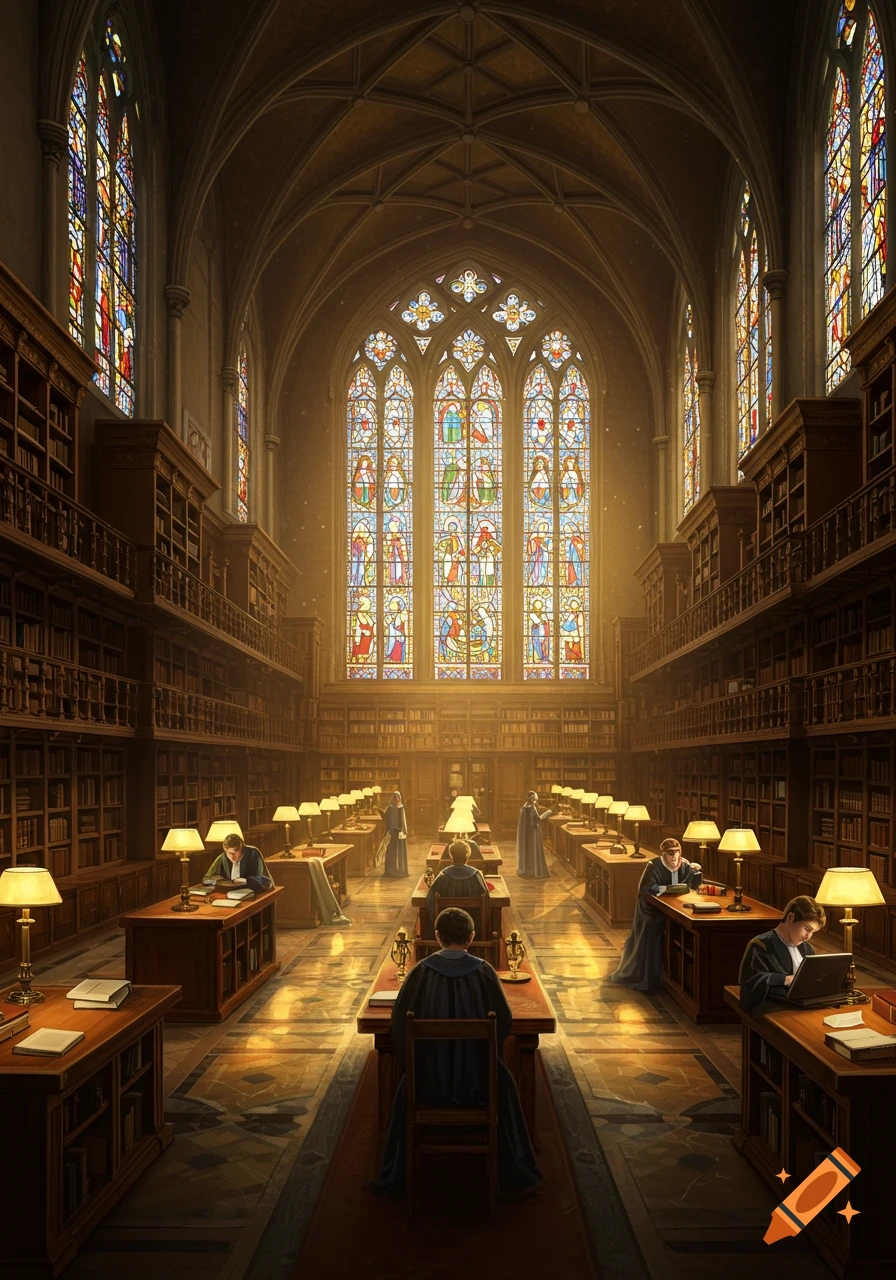 A grand, richly lit gothic library with high ceilings, elaborate ...