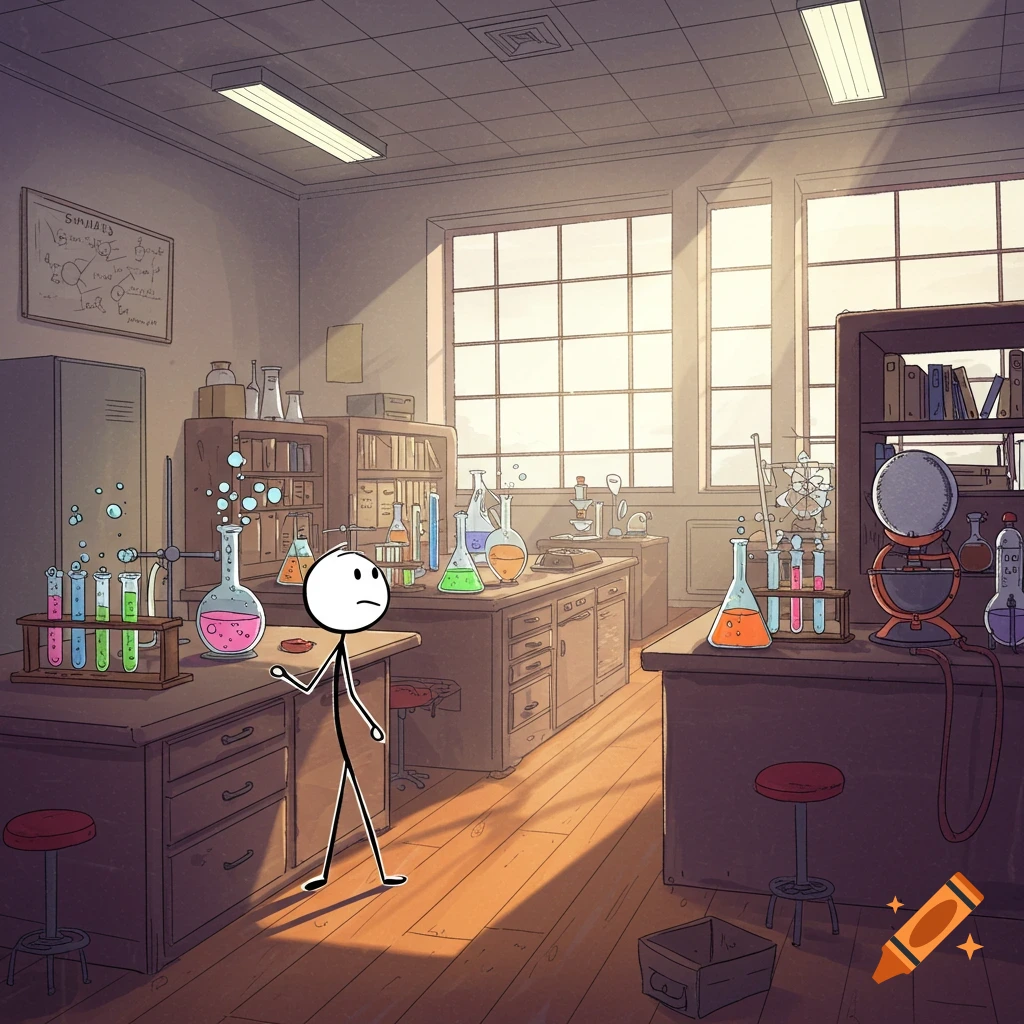 A cartoon scientist and a robot in a cluttered laboratory filled with ...