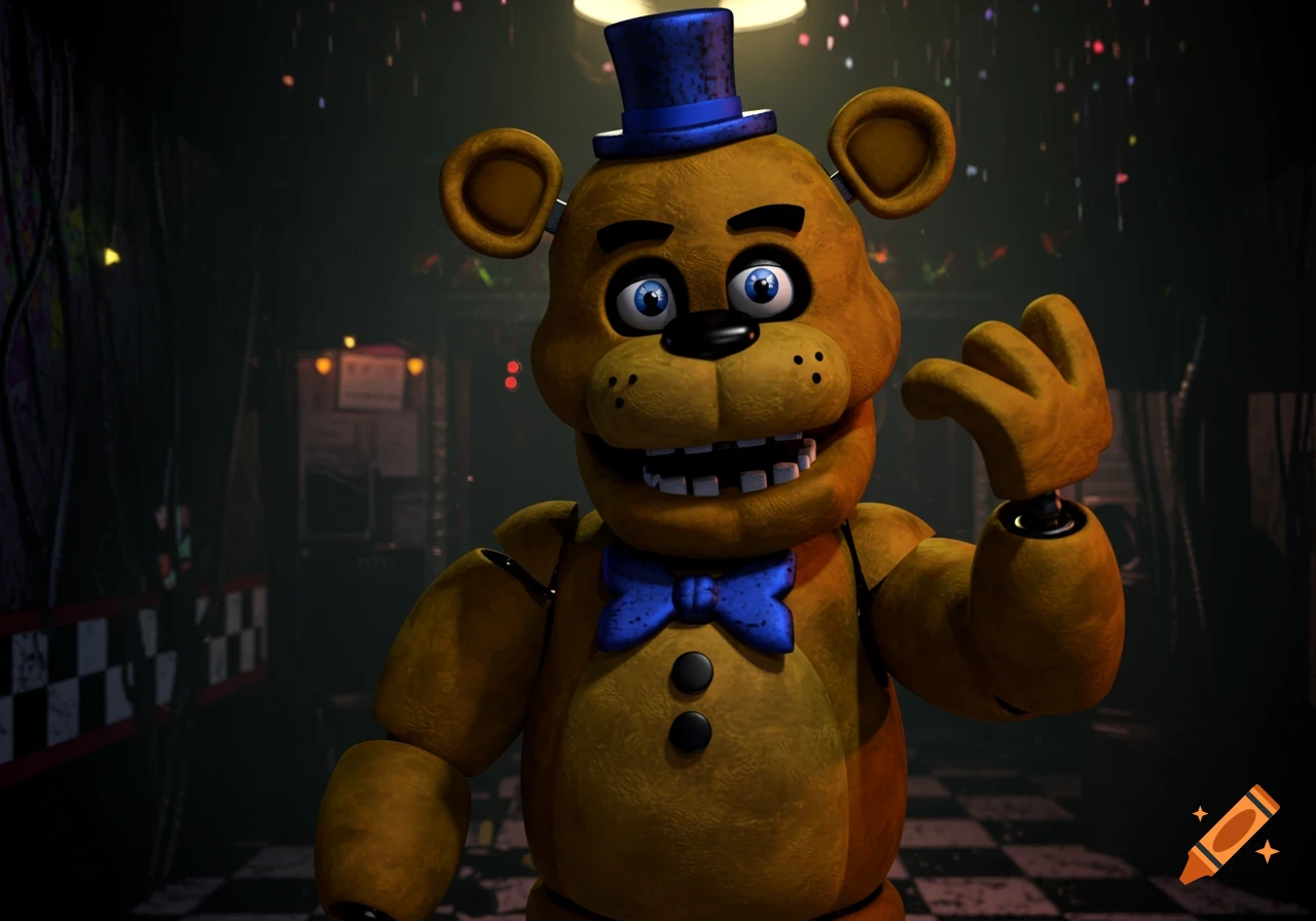 A realistic 3D render of Freddy Fazbear, a brown animatronic bear, in a ...