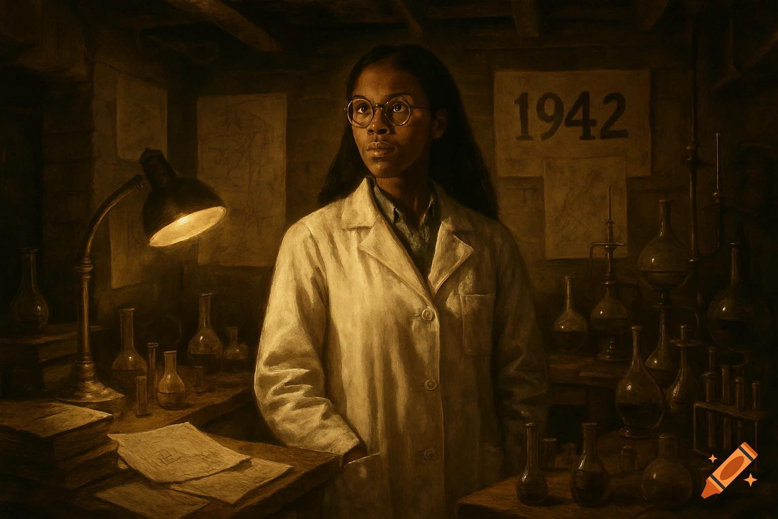 A dark, painterly portrait of an African-American female scientist in a ...