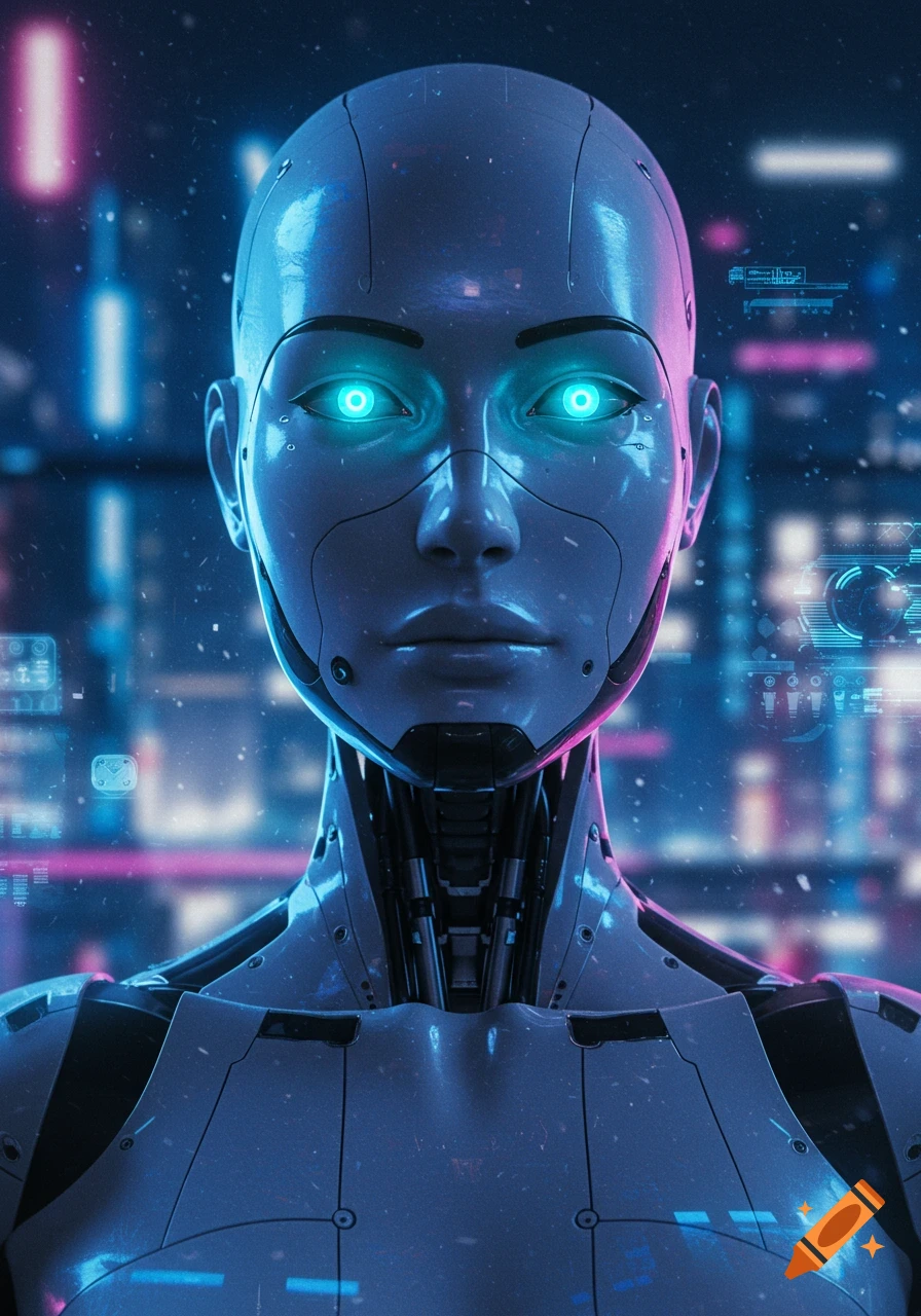 Close-up of a futuristic female android with glowing blue eyes, set ...