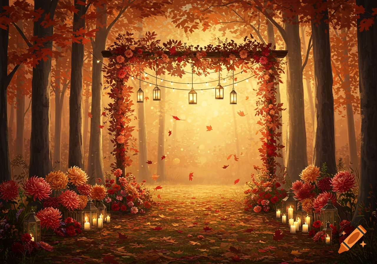 An old, blank parchment banner tied to wooden posts, framed by vibrant ...