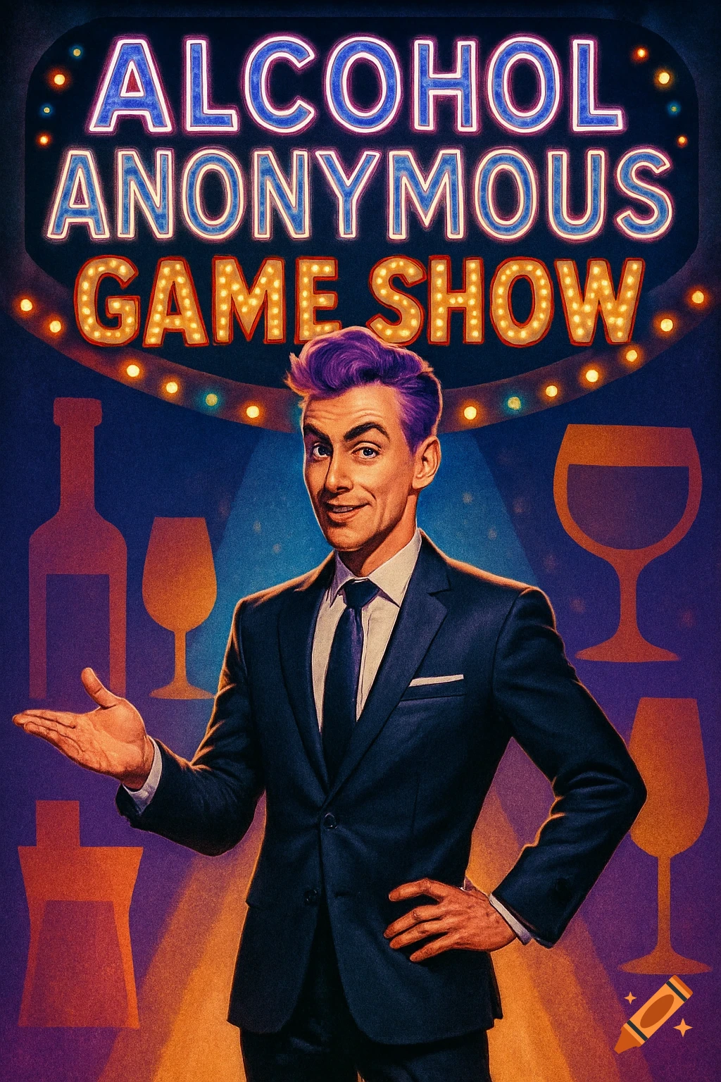 Illustrated poster for 'Alcohol Anonymous Game Show' featuring a purple ...
