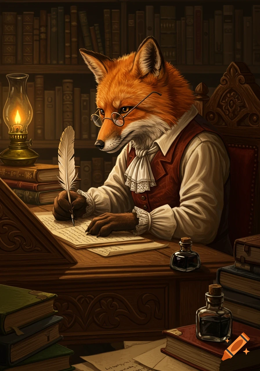 A wise red fox in glasses writes with a quill at a wooden desk in a ...