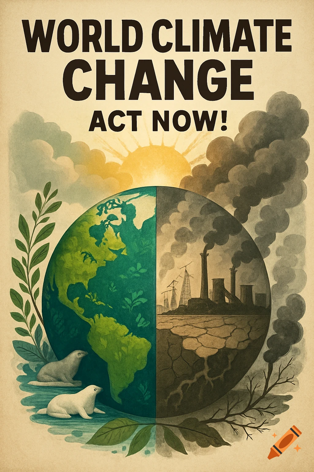 A vintage-style climate change poster shows a globe split into lush ...
