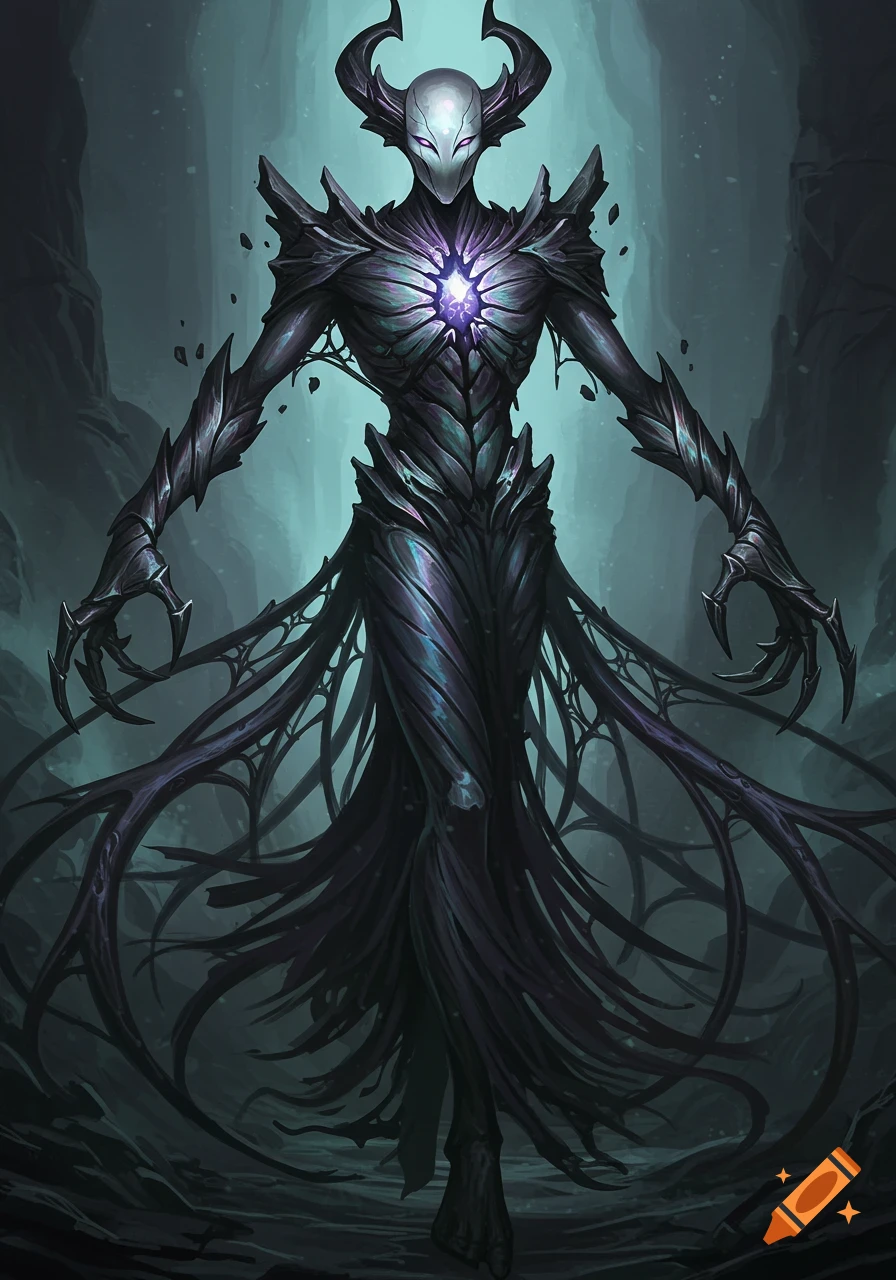 A tall, dark fantasy villain made of iridescent stone and sinew, with ...
