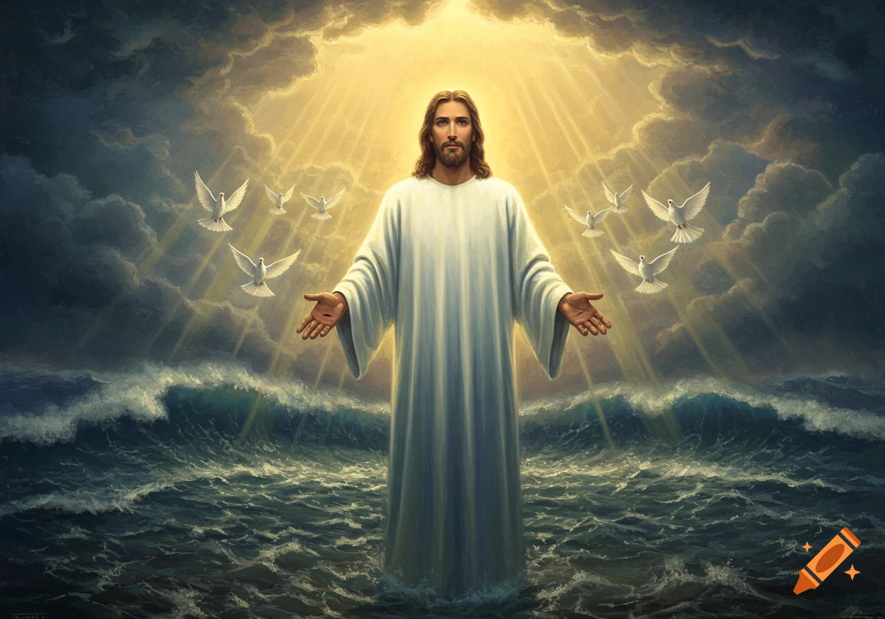 Painting of Jesus Christ standing on stormy waves, arms outstretched ...