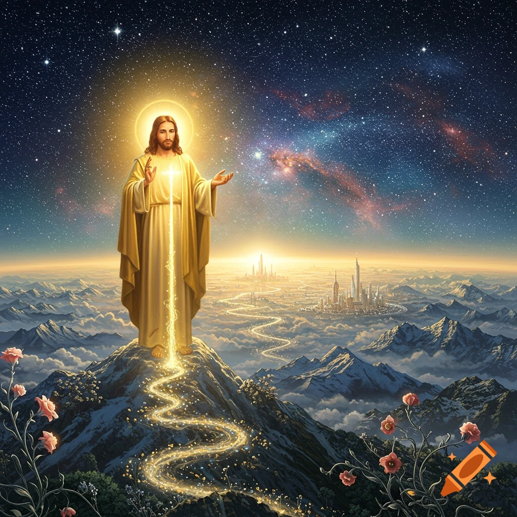 Jesus on a cross on the moon's surface, with a glowing celestial body ...