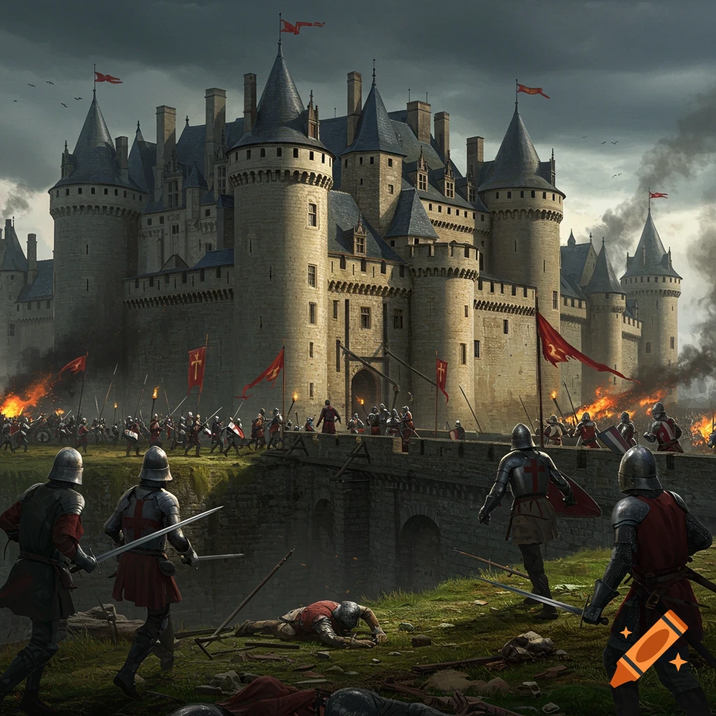 Medieval battle scene with knights fighting on a bridge in front of a ...