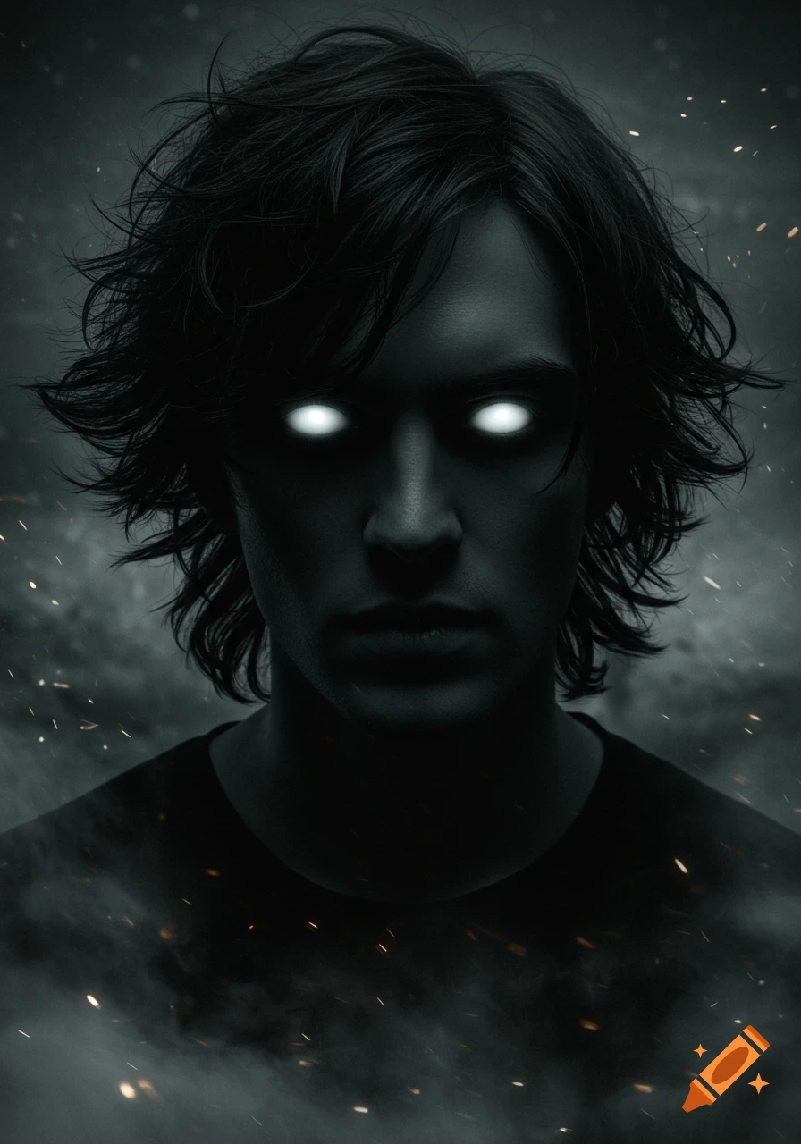 Close-up of a scary man's face half-illuminated, with one white eye and ...