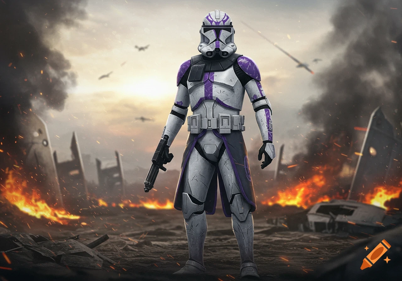 A Star Wars Clone Trooper with purple markings stands with a blaster in ...
